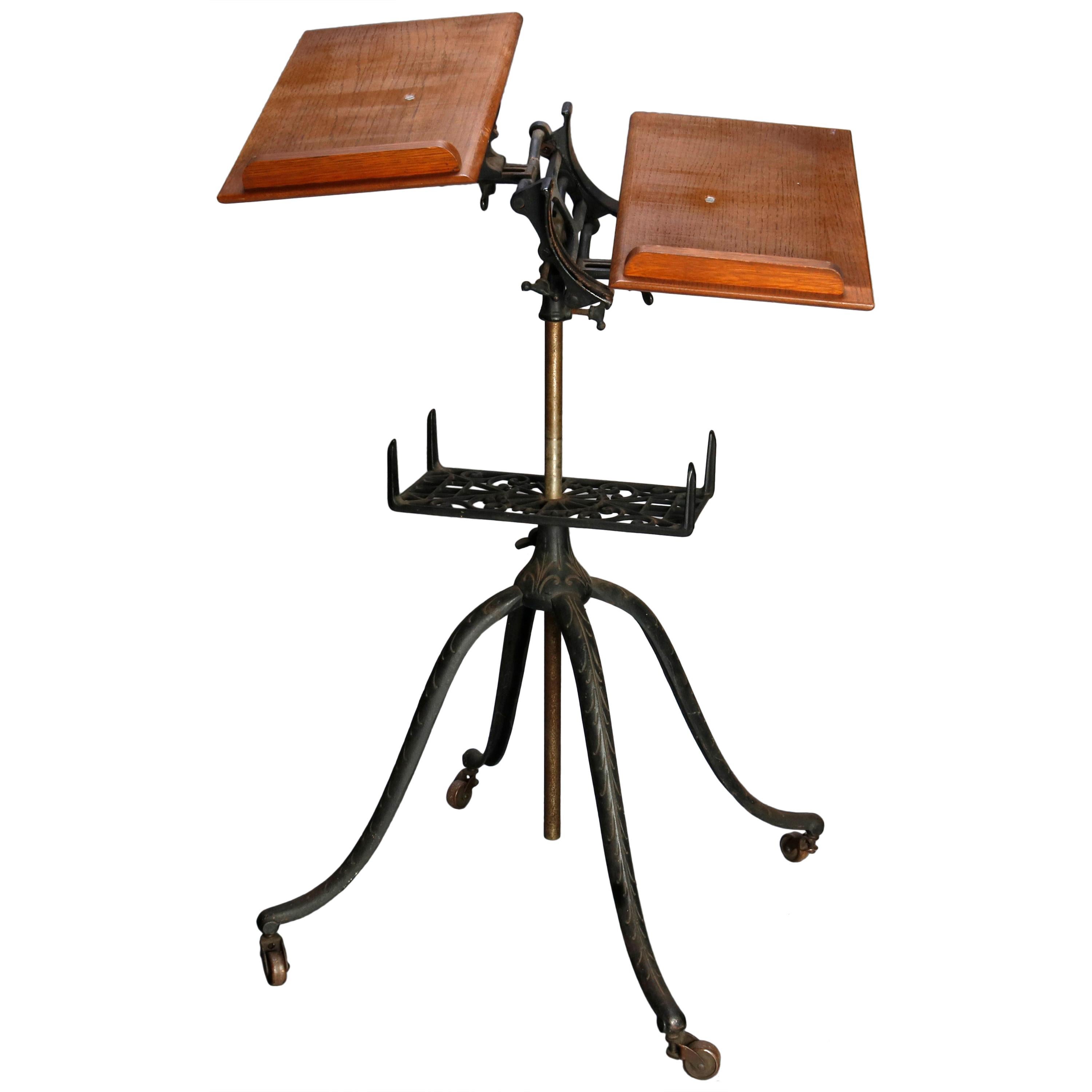 Antique Arts and Crafts Oak and Cast Iron Library Dictionary Book Stand ...
