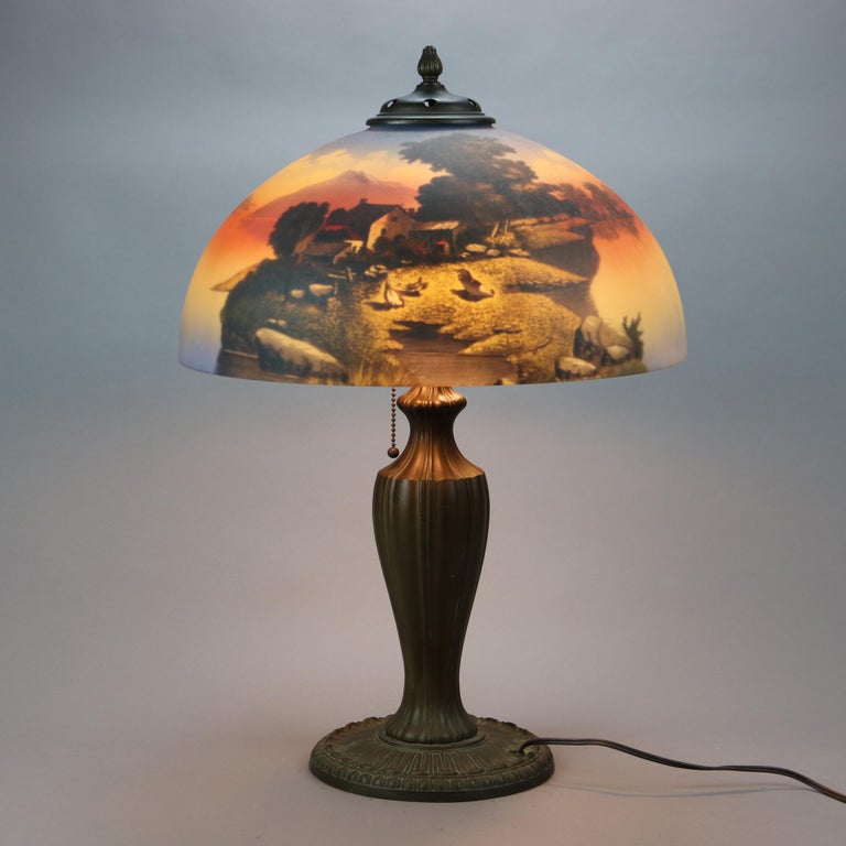 Antique Arts and Crafts Phoenix Reverse Painted Lamp with Farm and ...