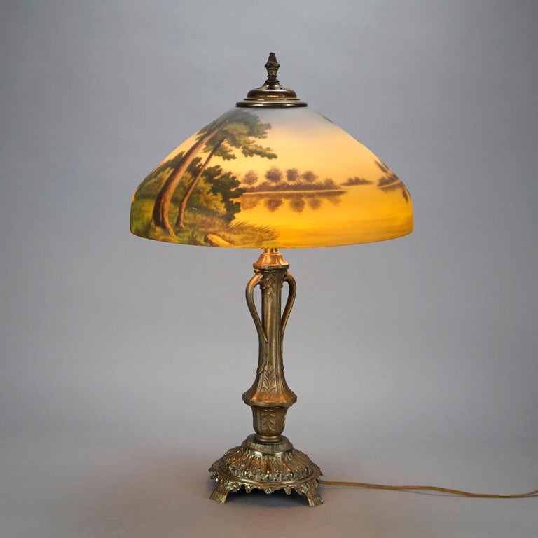 Antique Arts and Crafts Phoenix Reverse Painted Scenic Table Lamp ...