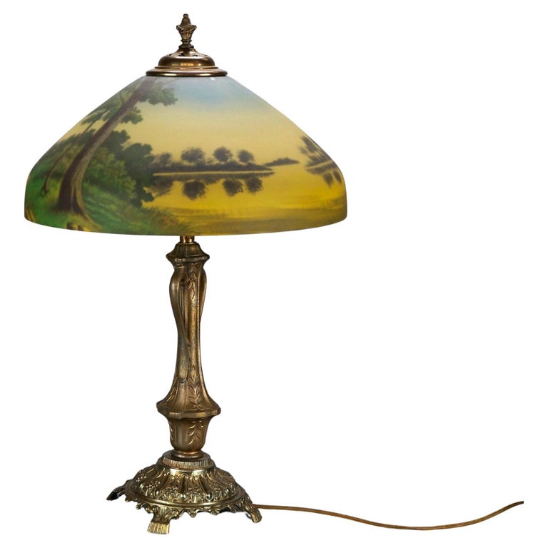 Antique Arts and Crafts Phoenix Reverse Painted Scenic Table Lamp ...
