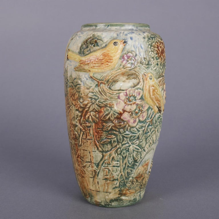 Antique Arts and Crafts Weller Glendale Bird and Nest High Relief Pottery Vase at 1stDibs