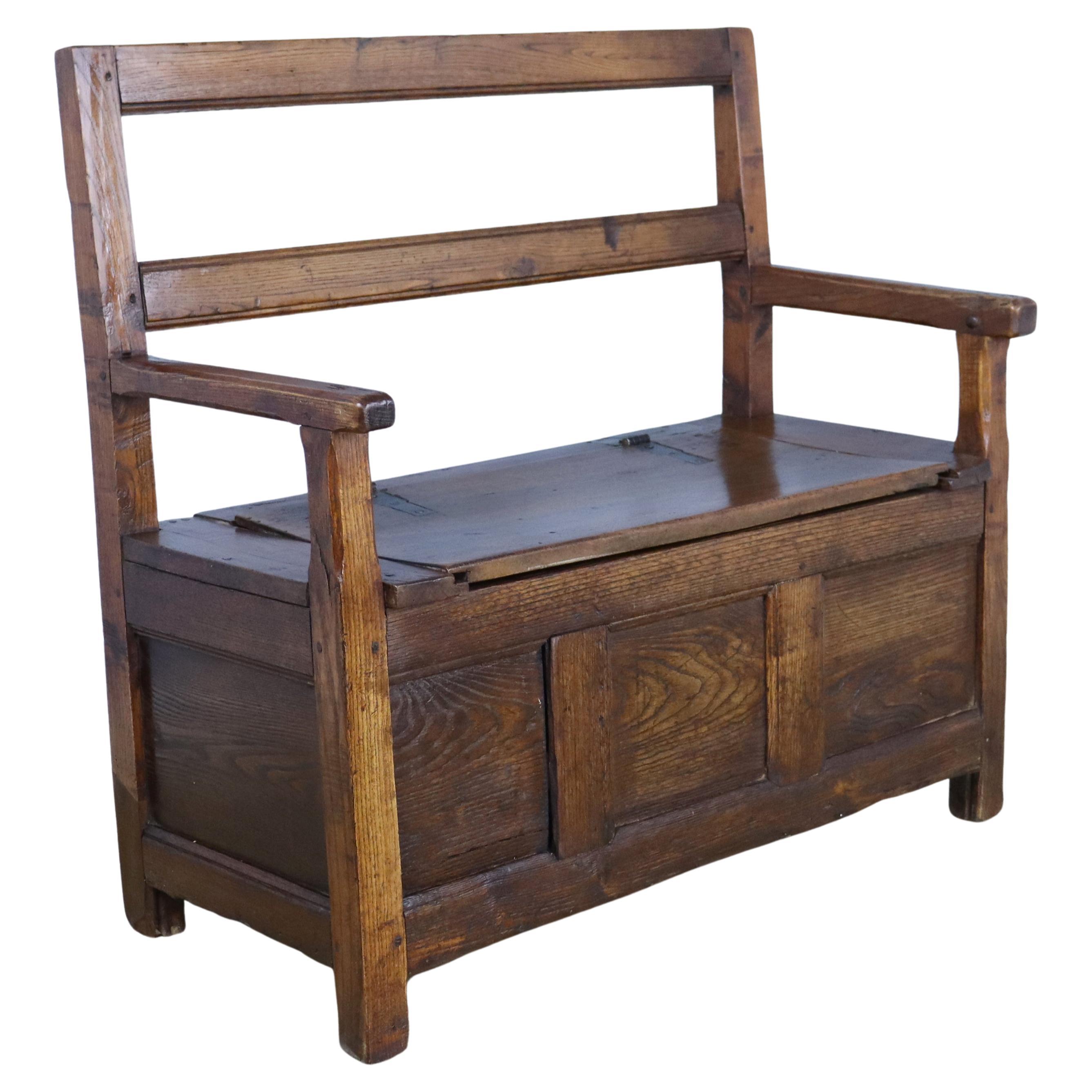 Antique French Rush Seated Bench with Spindle Back For Sale at 1stDibs