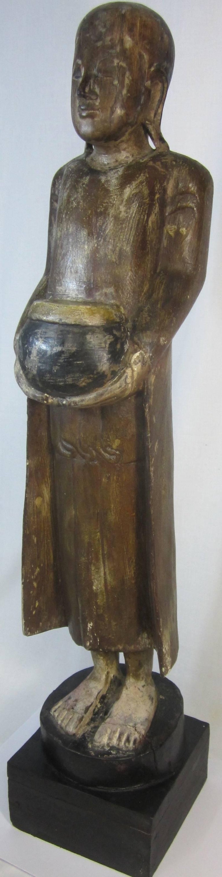 Burmese Carved Wooden Polychromed Monk Figure at 1stDibs