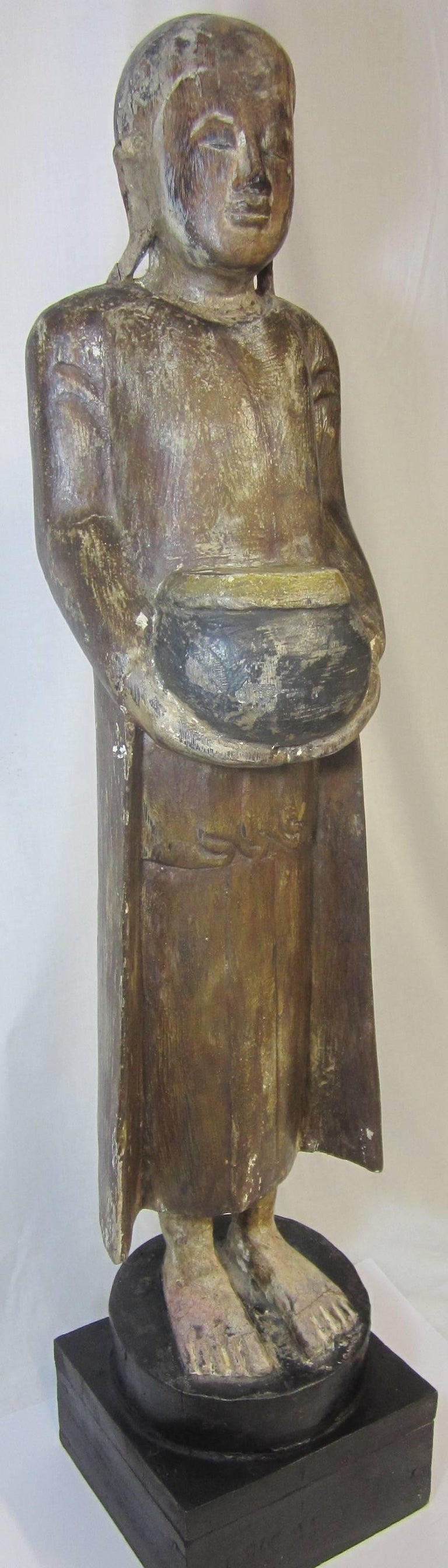 Burmese Carved Wooden Polychromed Monk Figure at 1stDibs