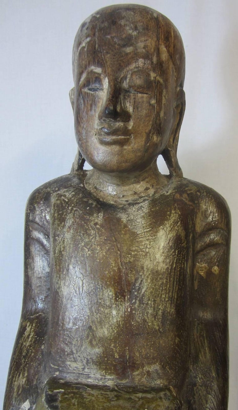Burmese Carved Wooden Polychromed Monk Figure at 1stDibs