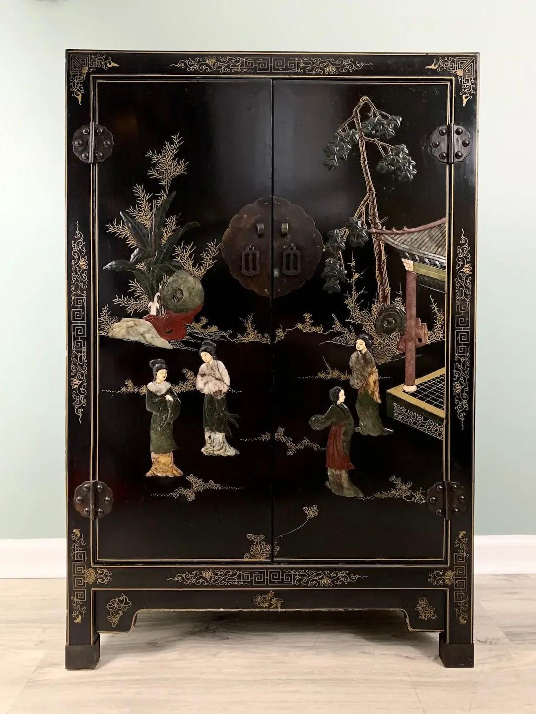 Asian Chinoiserie Style Cabinet With Semi-Precious Stone Inlay For Sale ...