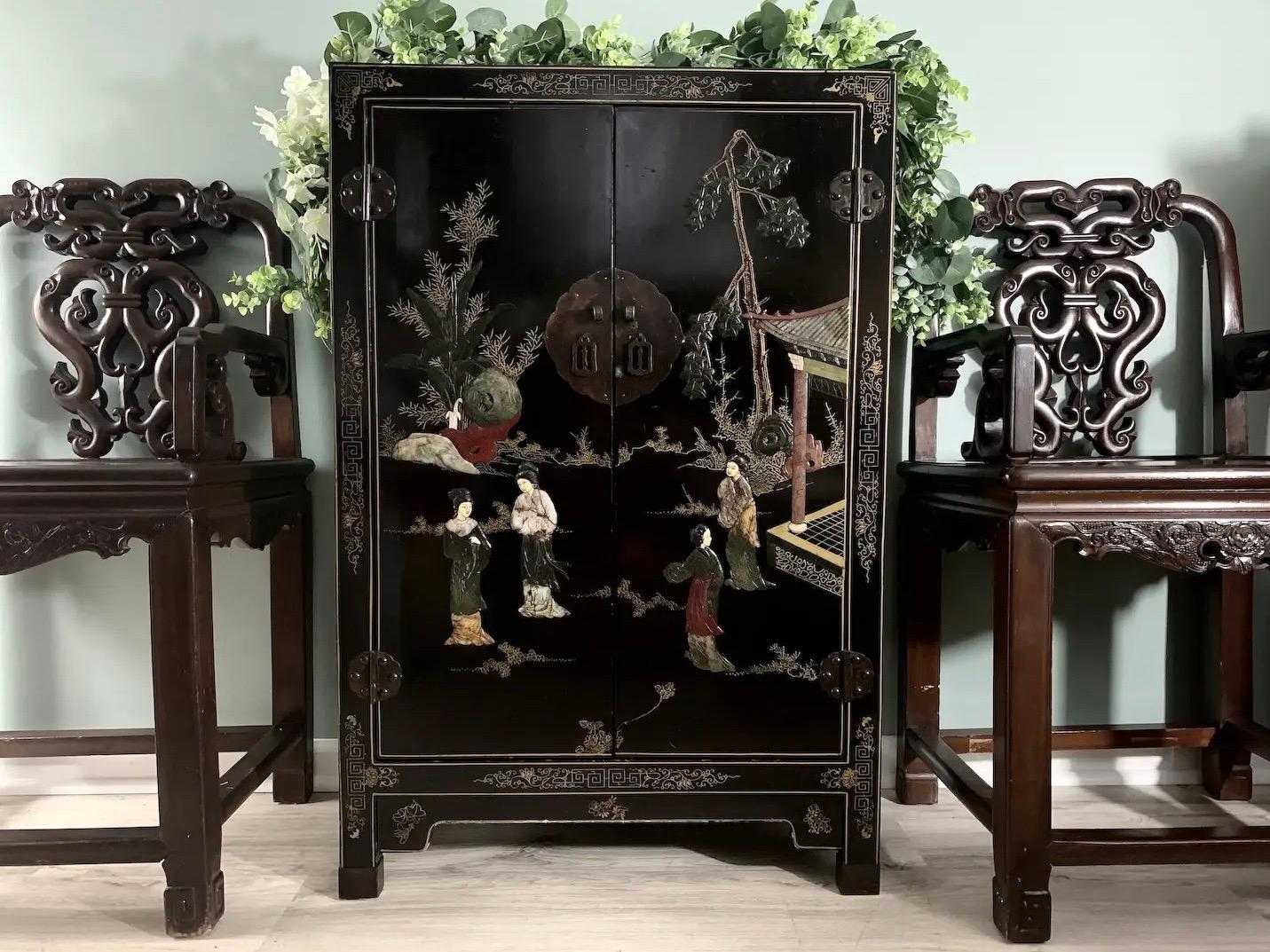 Asian Chinoiserie Style Cabinet With Semi-Precious Stone Inlay For Sale ...