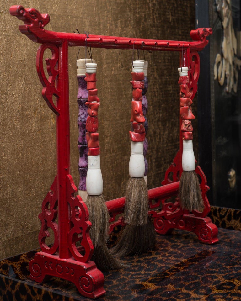 Antique Asian Red Coral and Purple Stone Calligraphy Brush Set with ...