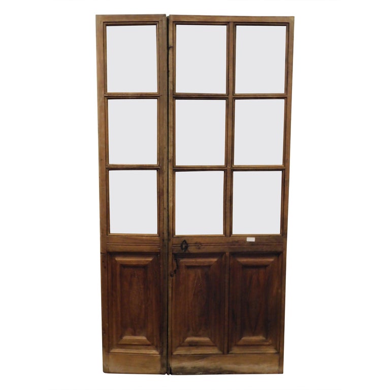 Antique Asymmetrical Glass Door, in 2 Walnut Wings with Carved Lozenges ...