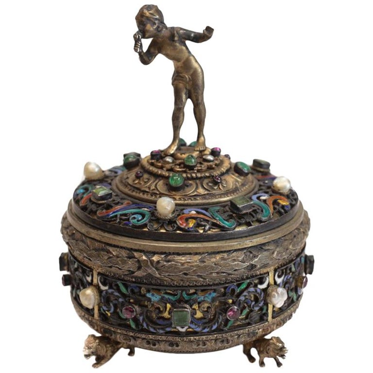 Antique Austrian 800 Silver Enamel and Gem Encrusted Figural Box ...