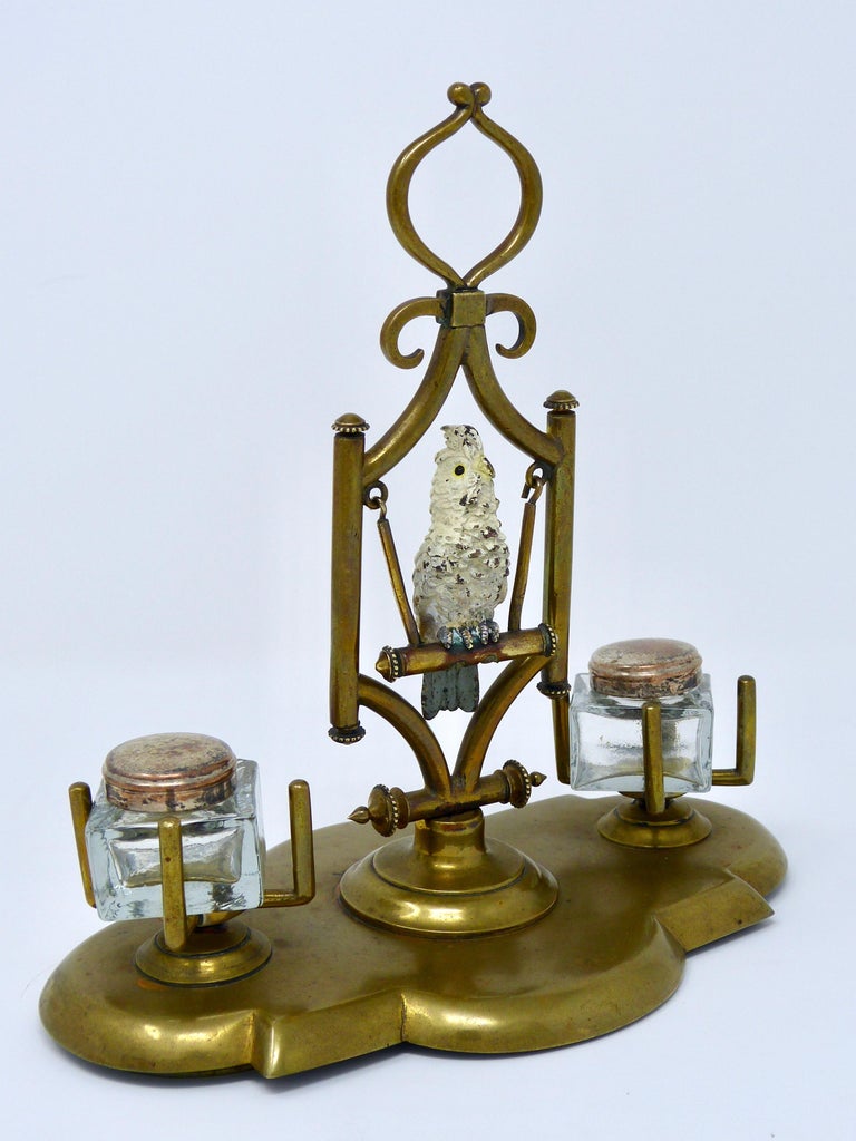 Antique Austrian Bronze Inkwell With Swinging Parrot Bird, circa 1900 ...