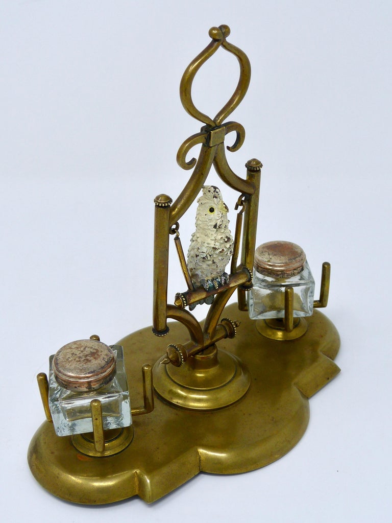 Antique Austrian Bronze Inkwell With Swinging Parrot Bird, circa 1900 ...
