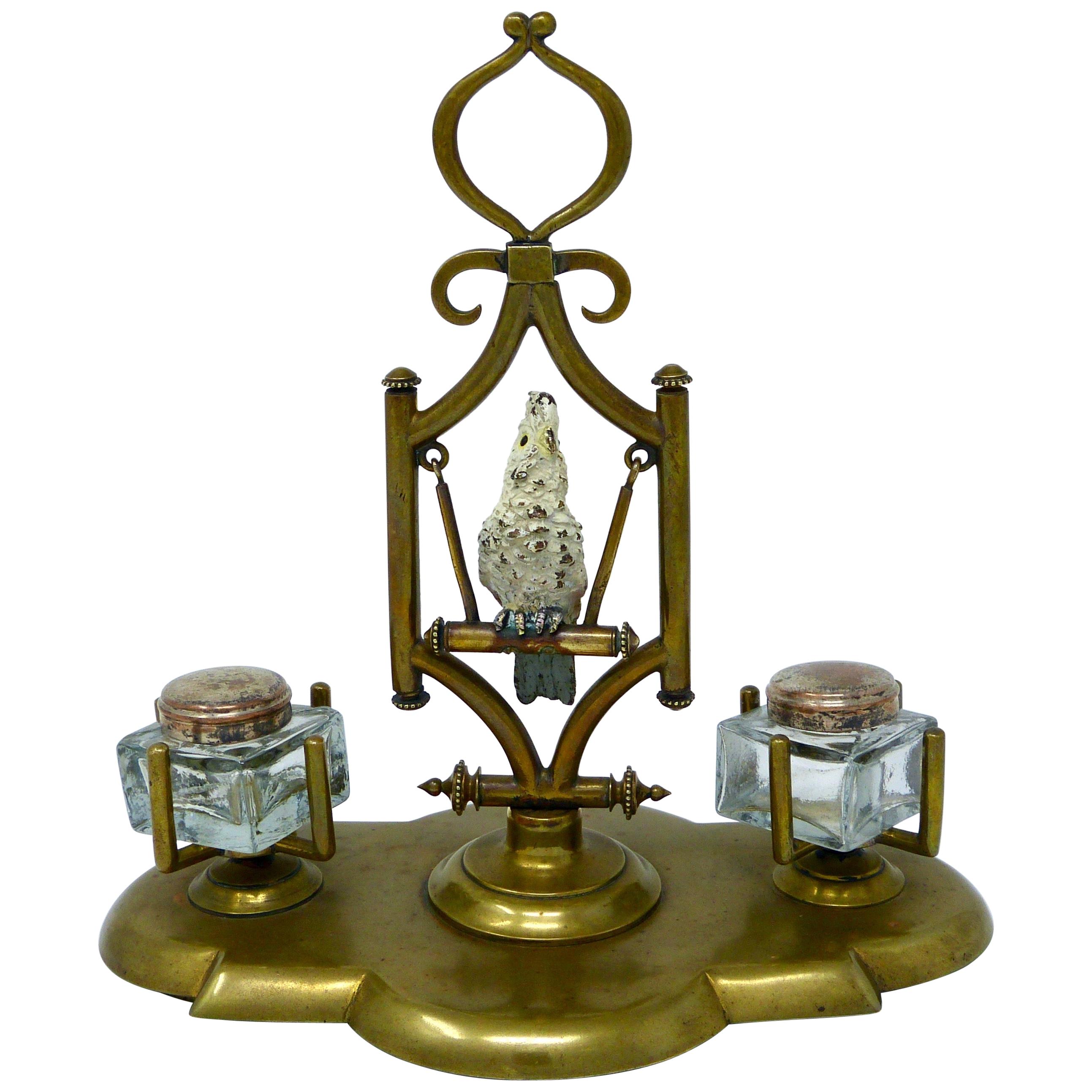 Antique Austrian Bronze Inkwell With Swinging Parrot Bird, circa 1900 ...
