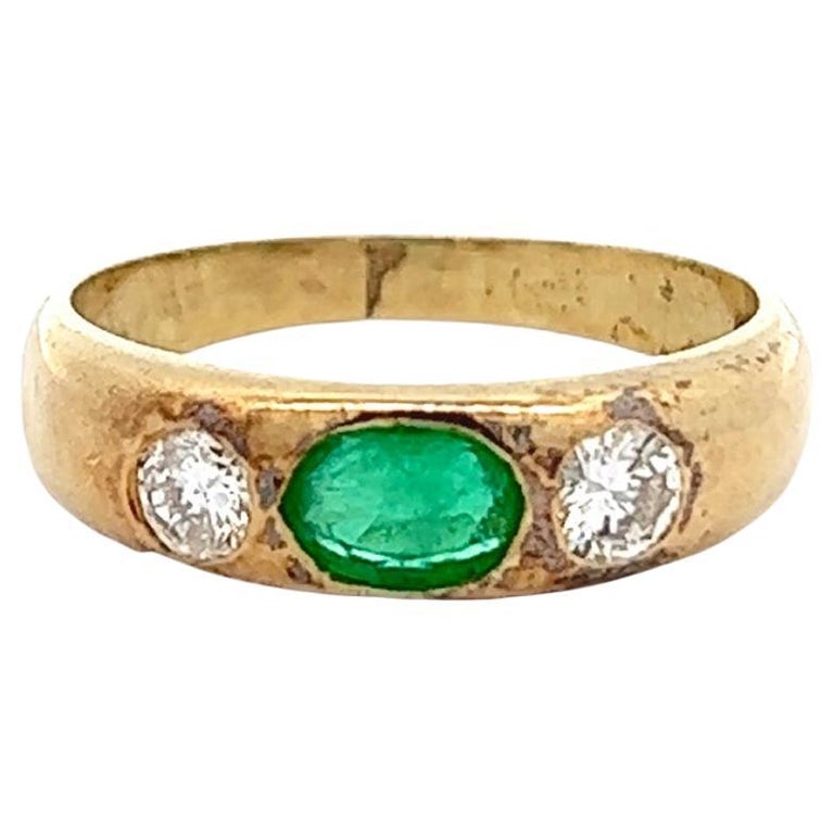 Antique Austrian Emerald Diamond 14 Karat Yellow Gold Three Stone Band Ring For Sale at 1stDibs