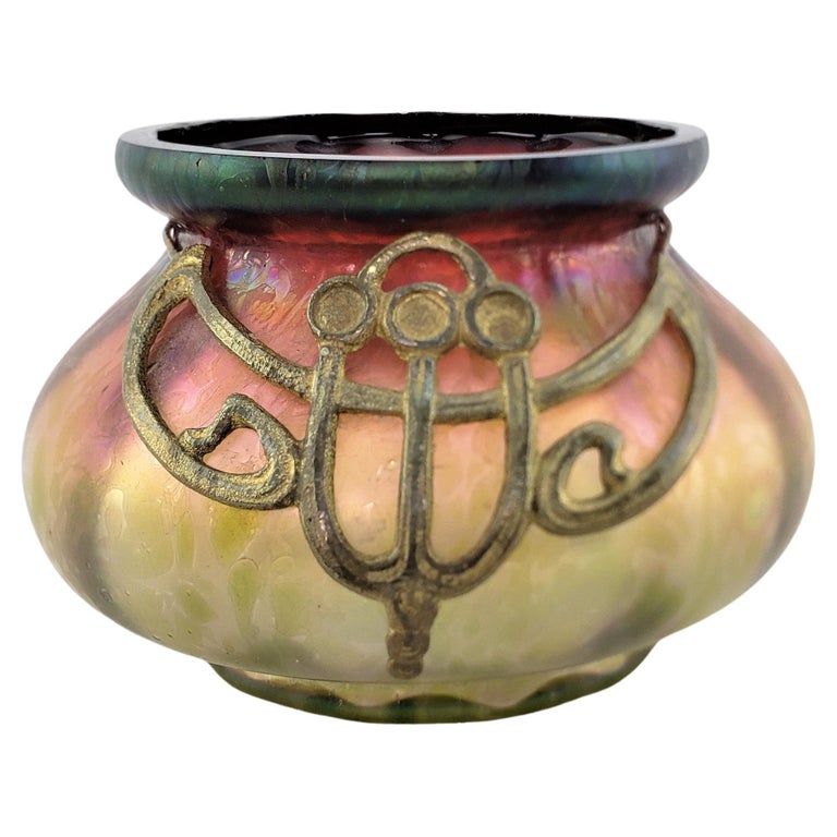 Antique Austrian Loetz Styled Iridescent Art Glass Vase with Bronze ...