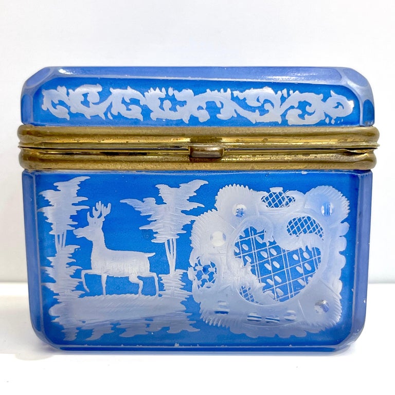 Antique Austrian Sky Blue Bohemian Engraved Cut Crystal Trinket Box ...