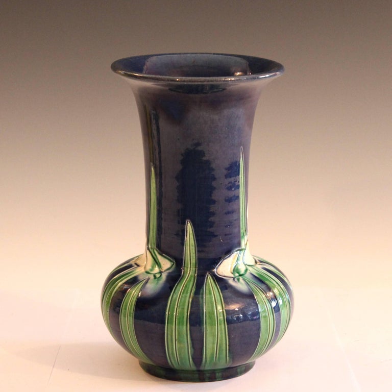 Antique Awaji Pottery Blue Ground Incised Iris Japanese Trumpet Form ...