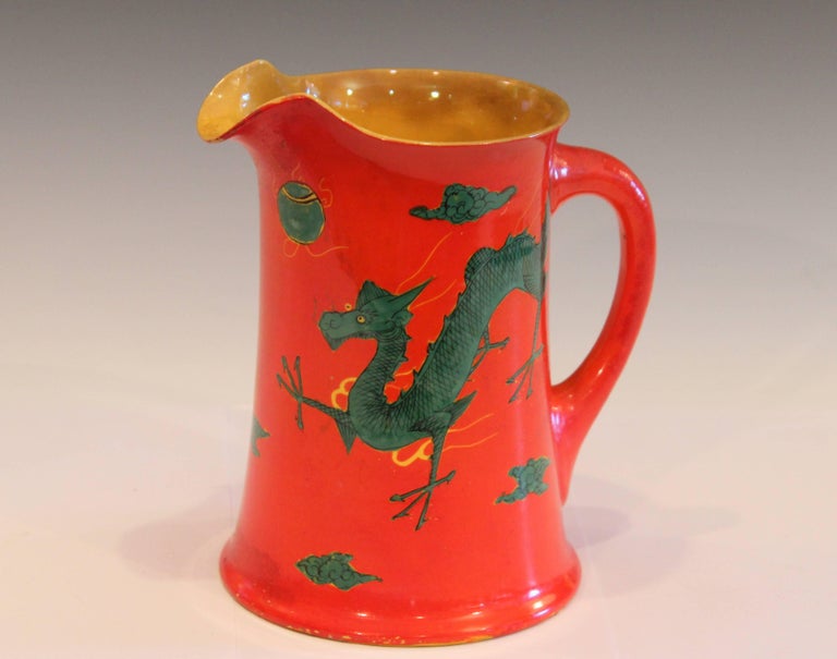 Antique Awaji Pottery Chrome Red Dragon Pitcher Vase Japanese Studio ...