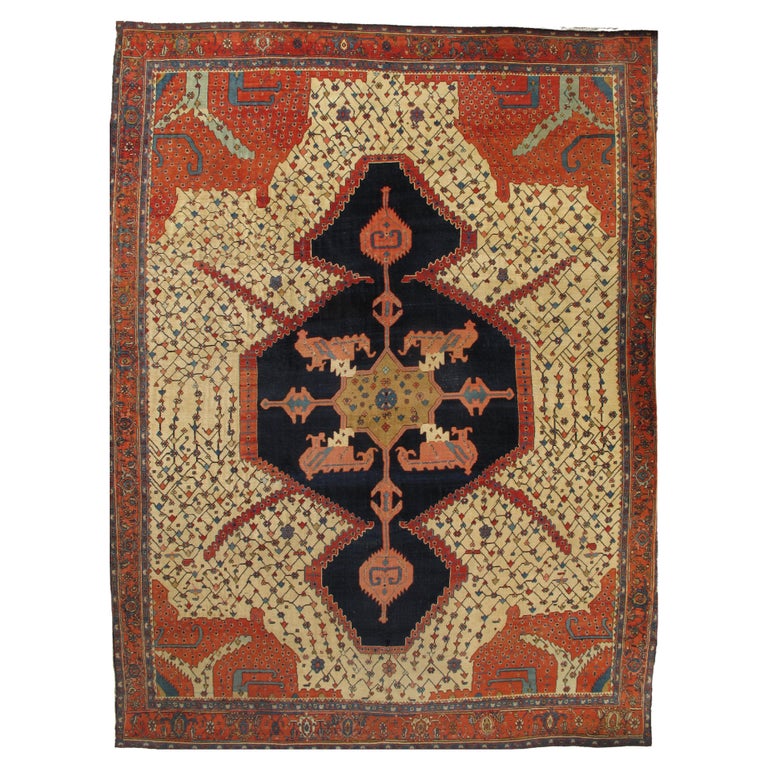 Antique Bakshaish Carpet, Oriental Persian Handmade in Ivory, Navy Rust ...