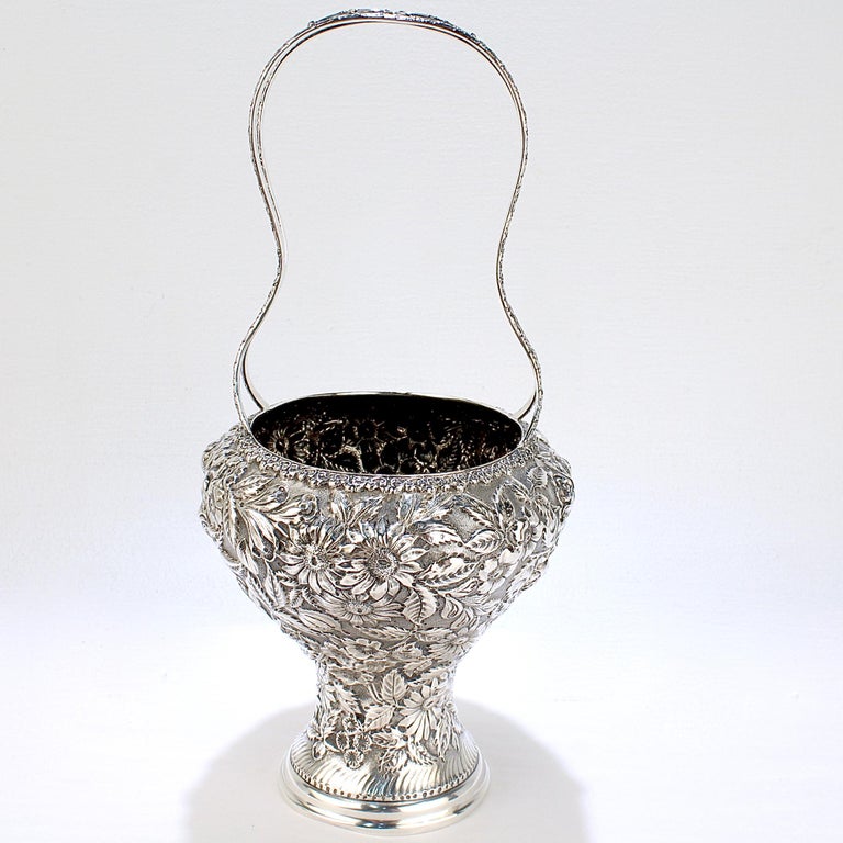 Antique Baltimore Sterling Silver Repousse Rose Handled Basket or Vase ...
