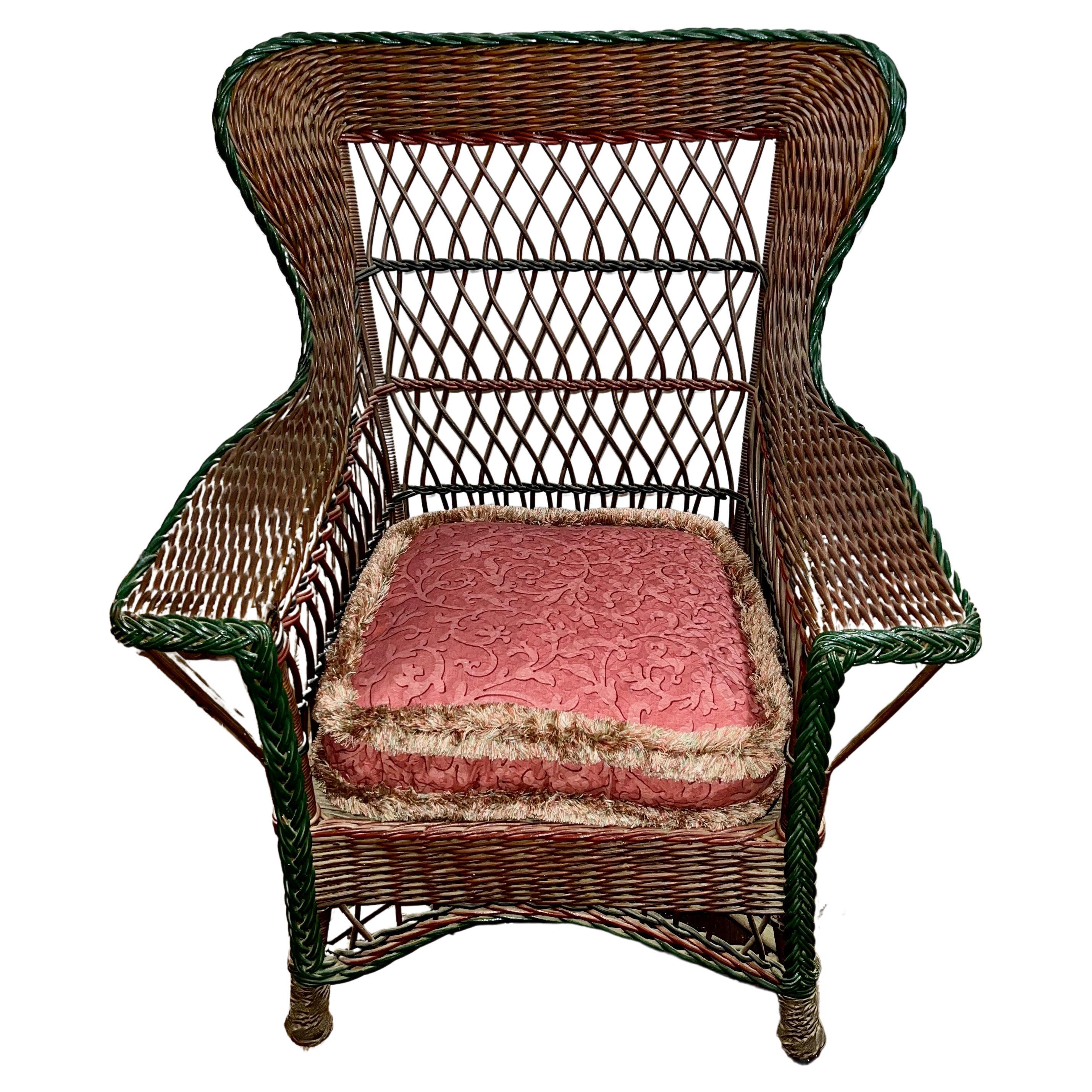 Antique Bar Harbor Style Wicker Wing Chair in Natural Finish with Green ...