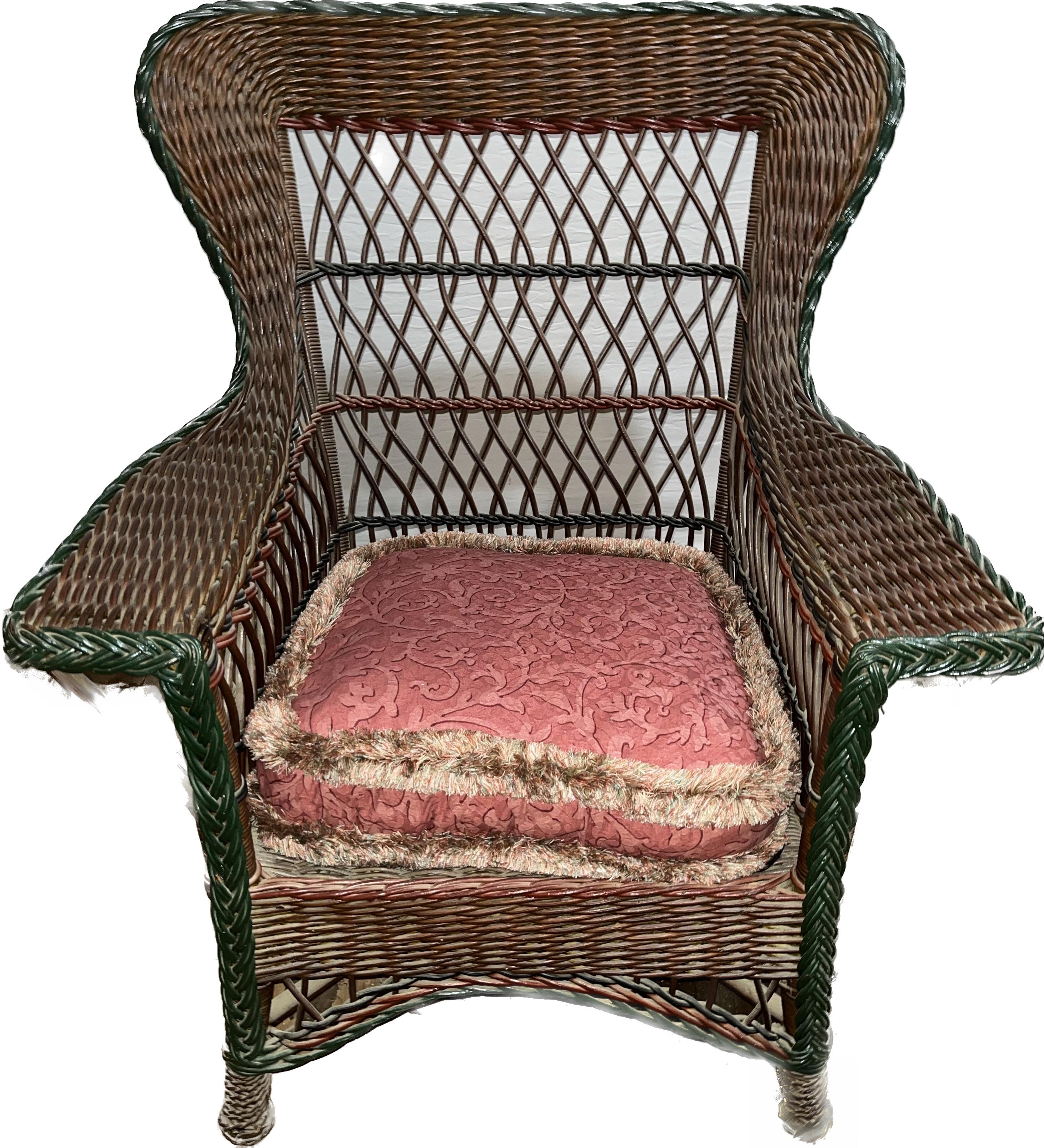 Antique Bar Harbor Style Wicker Wing Chair in Natural Finish with Green ...