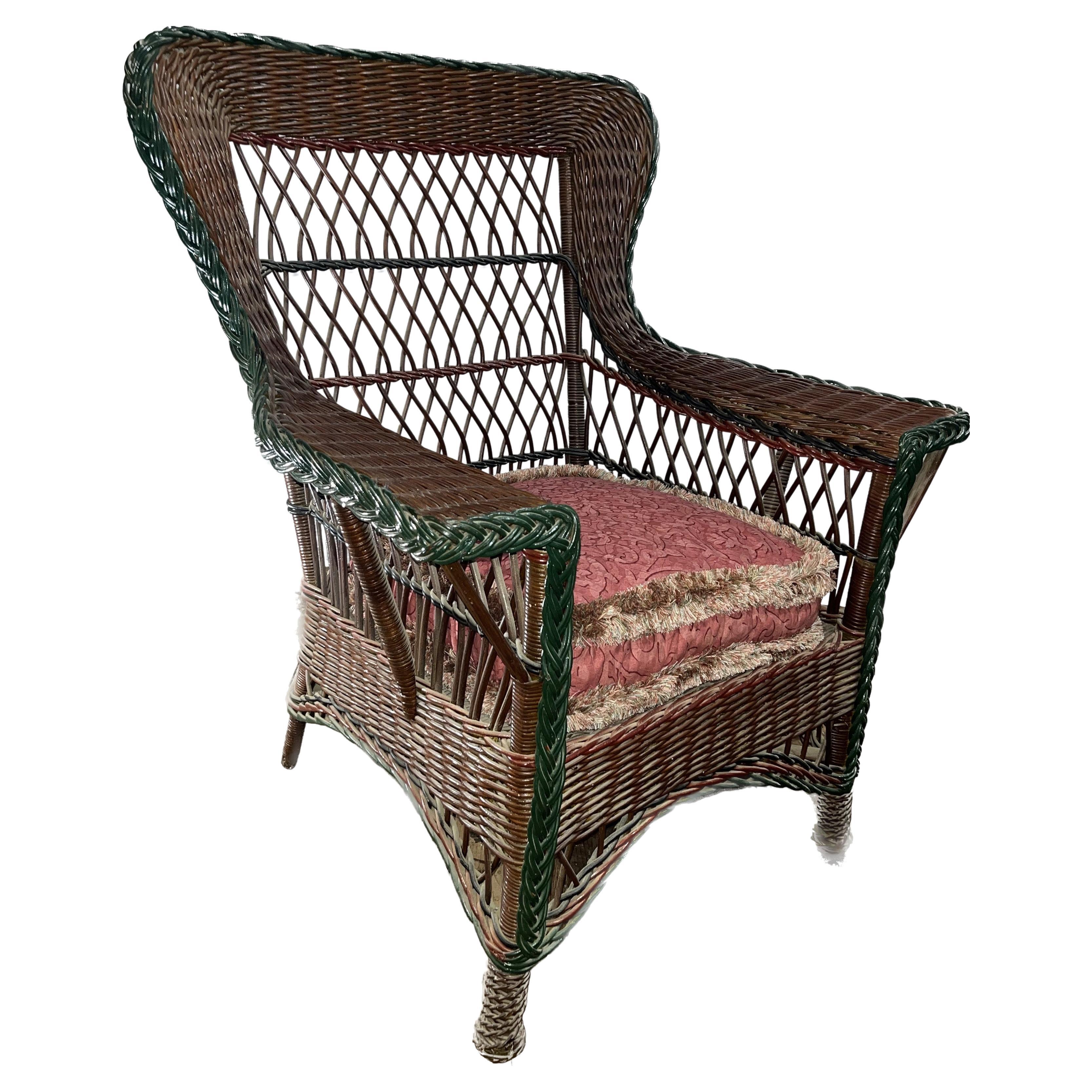 Antique Bar Harbor Style Wicker Wing Chair in Natural Finish with Green ...