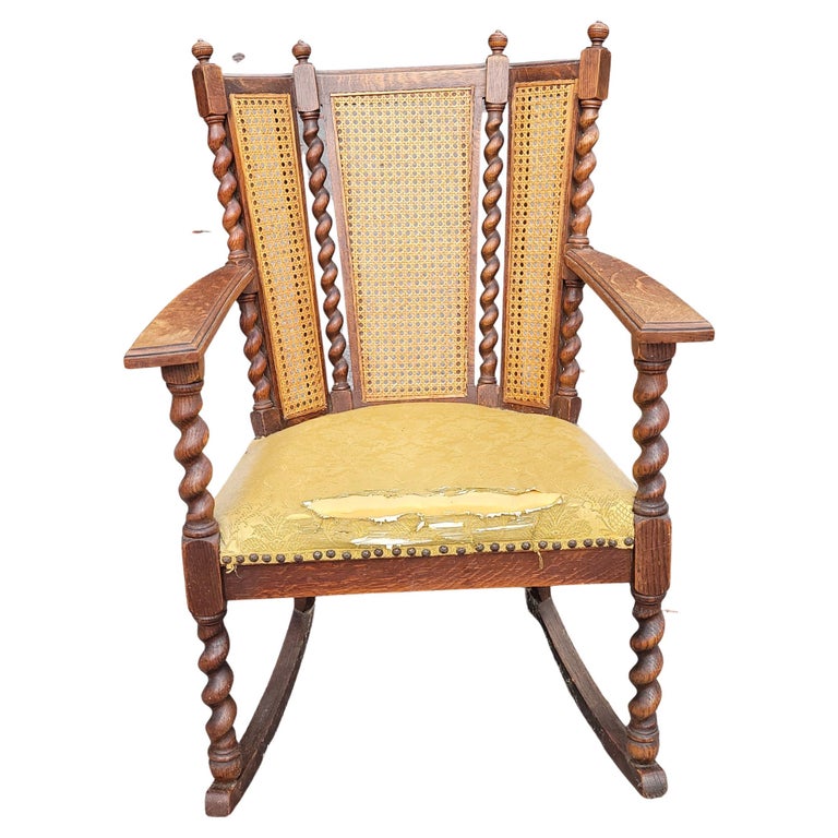 Antique Barley Twist Mission Oak 3-Panel Caned Back Rocking Chair, C ...