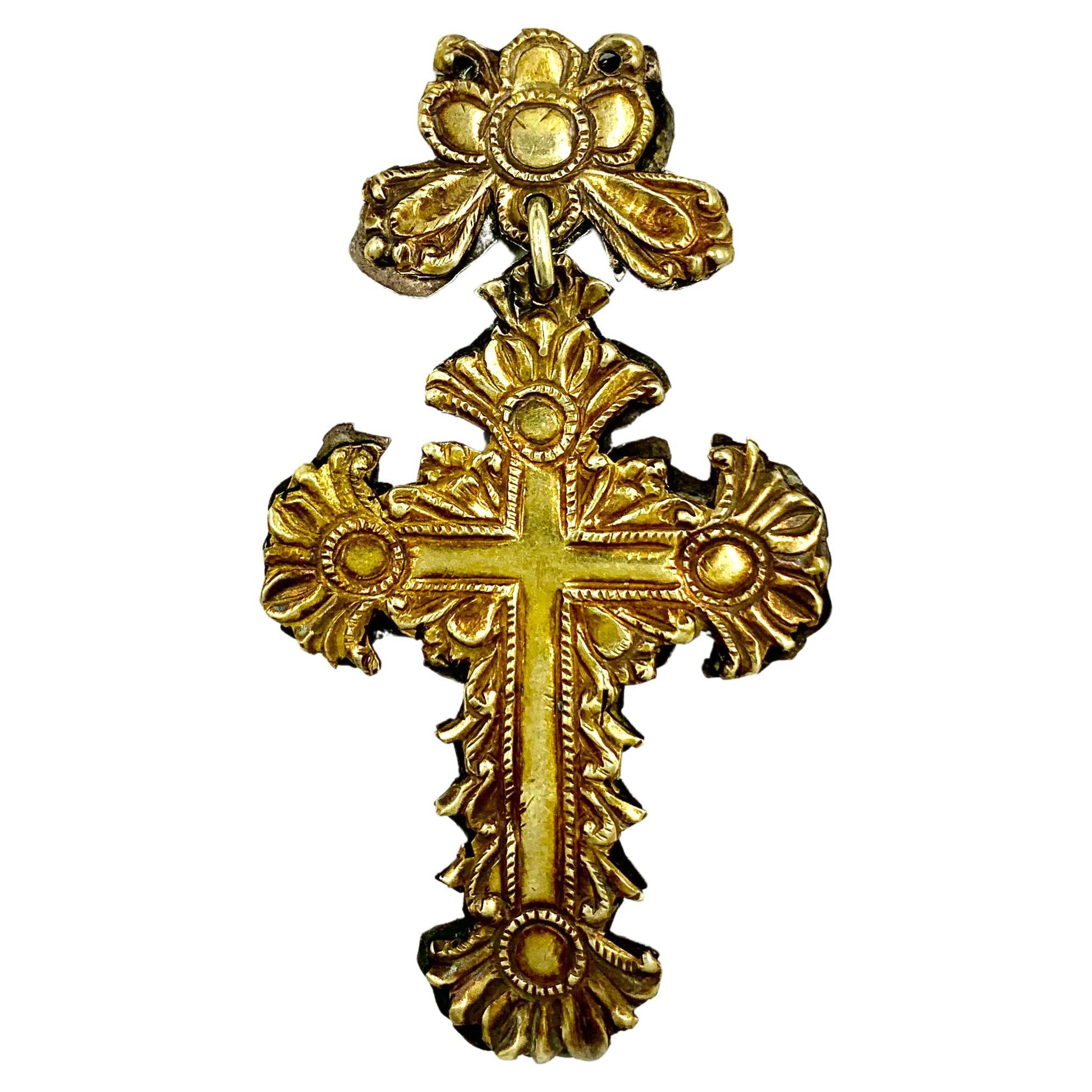 Victorian Style Diamond and Enamel 14K Yellow Gold Cross with Fleur de ...