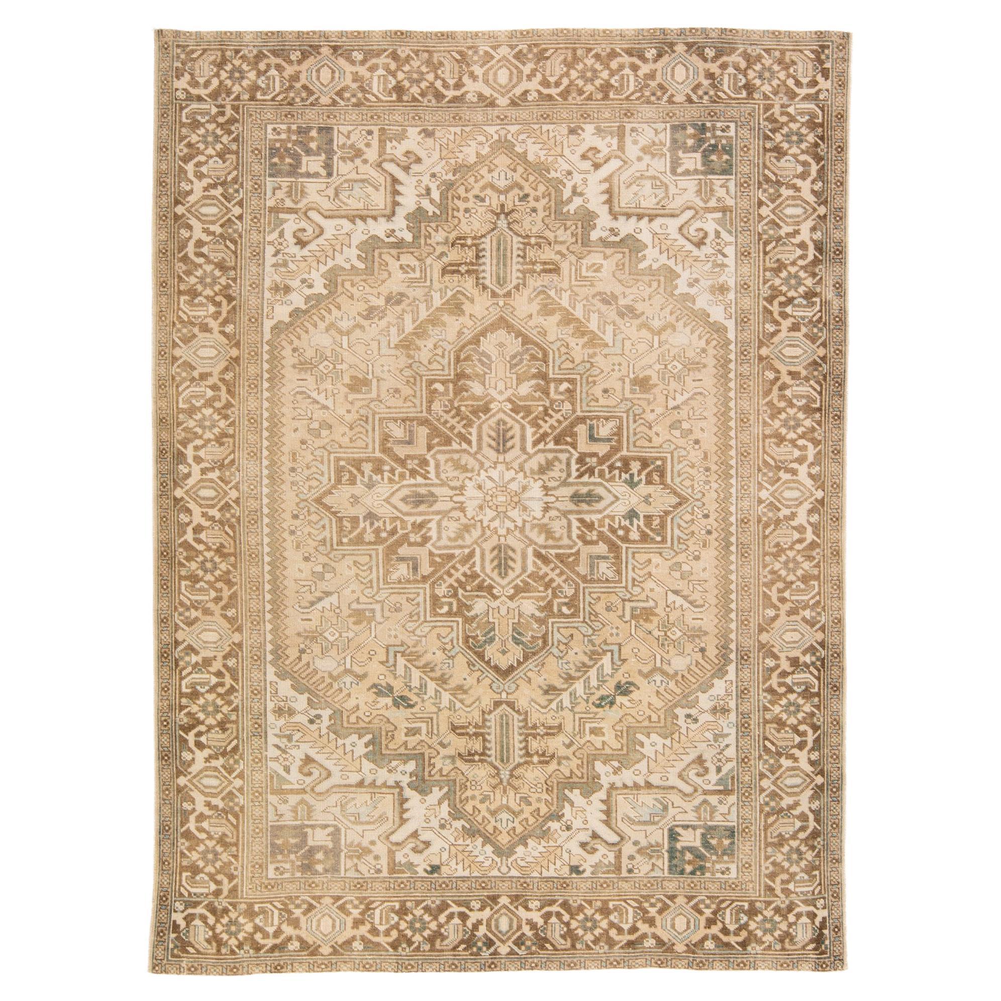 Antique Heriz Brown Medallion Rug with Floral Patterns For Sale at 1stDibs