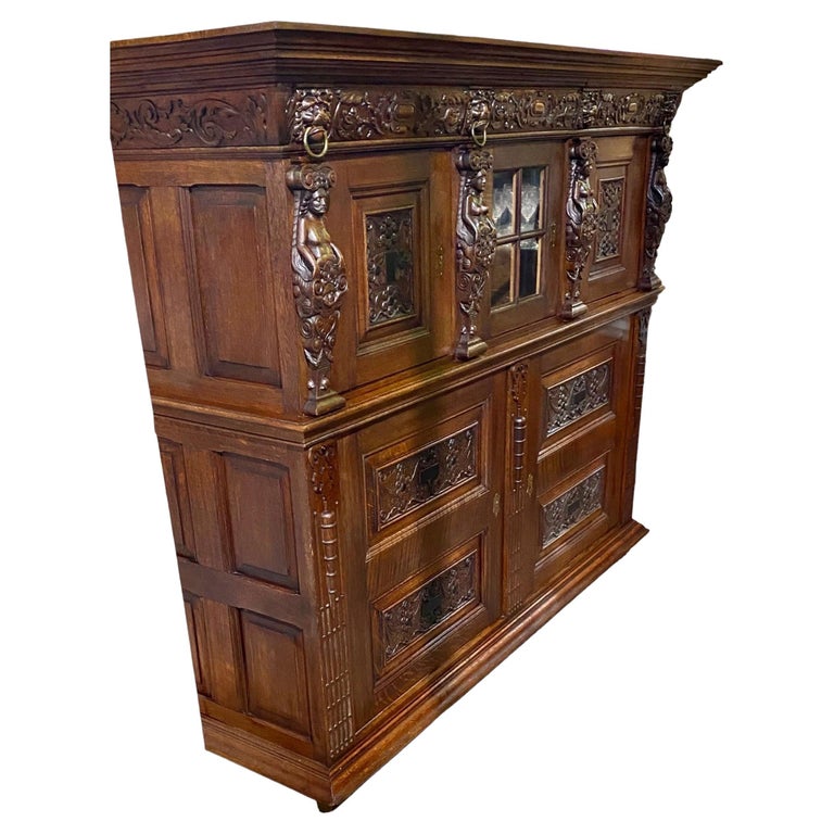 Antique Belgian Carved Oak Figural Sideboard For Sale at 1stDibs