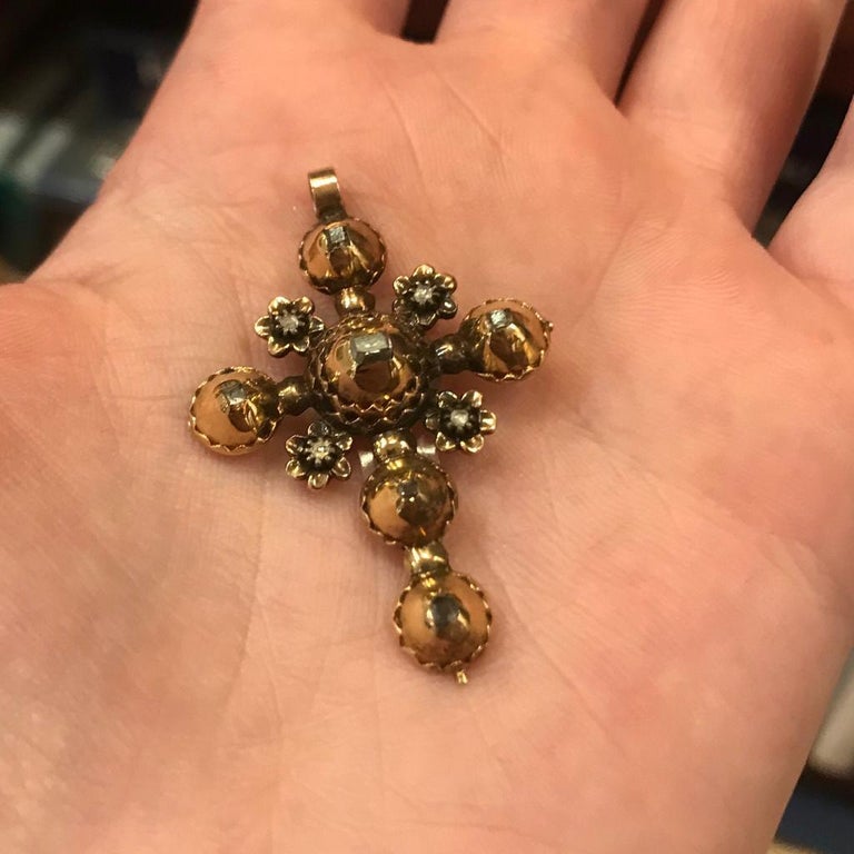 Antique Belgian Gold Cross Pendant with Old Table Cut Rose Cut Diamonds, 1815 For Sale at ...