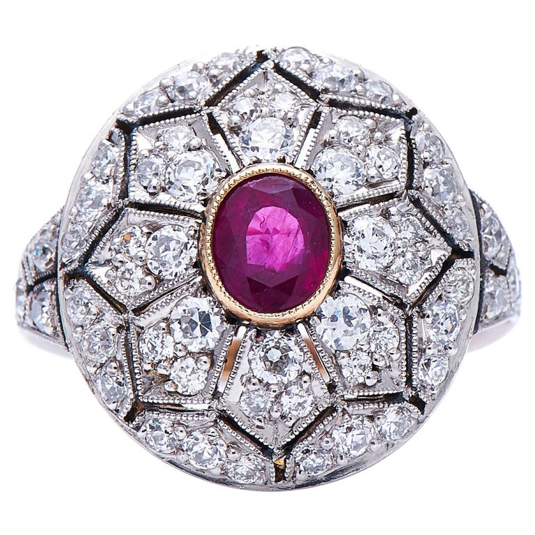 Antique, Belle Époque, 18 Carat Gold, Ruby and Diamond Cluster Ring at 1stDibs