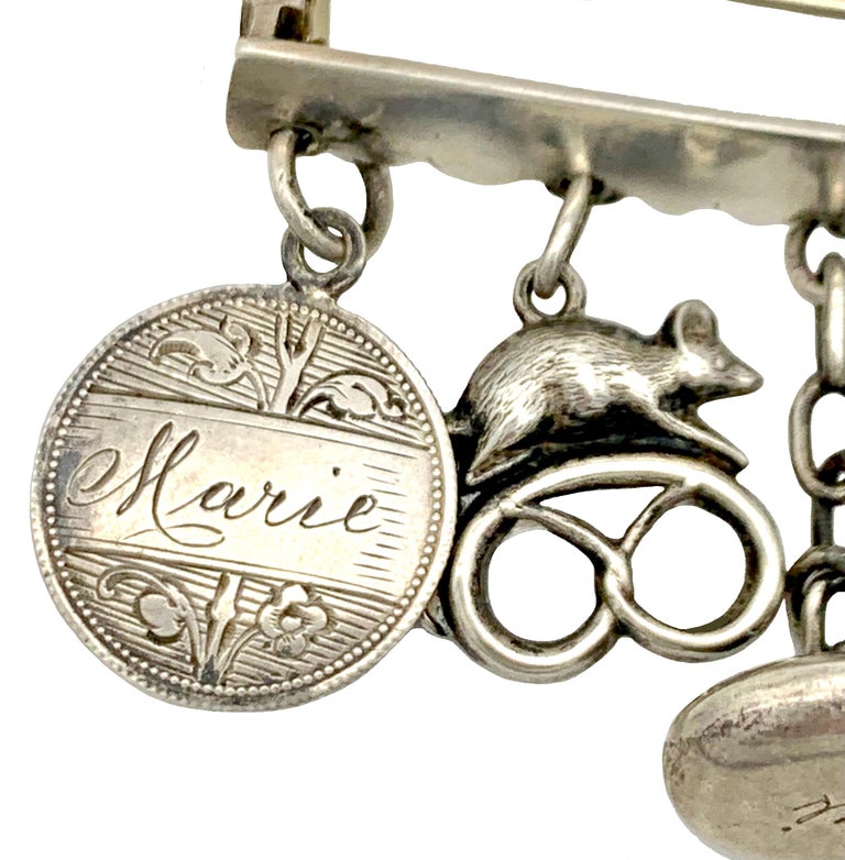 Antique Belle Époque Charms Brooch Silver Cat Mouse on a Pretzel Heart ...