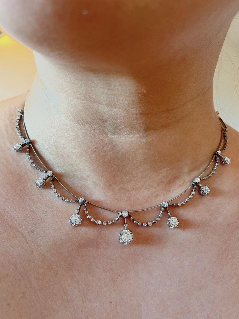 Antique Belle Époque Platinum Diamond Swag Necklace For Sale at 1stDibs