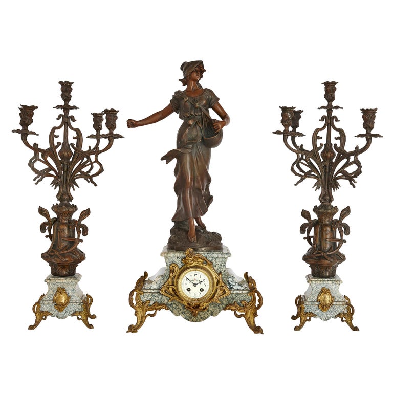 Antique Belle Époque Sculptural Three-Piece Clock Set after Auguste ...