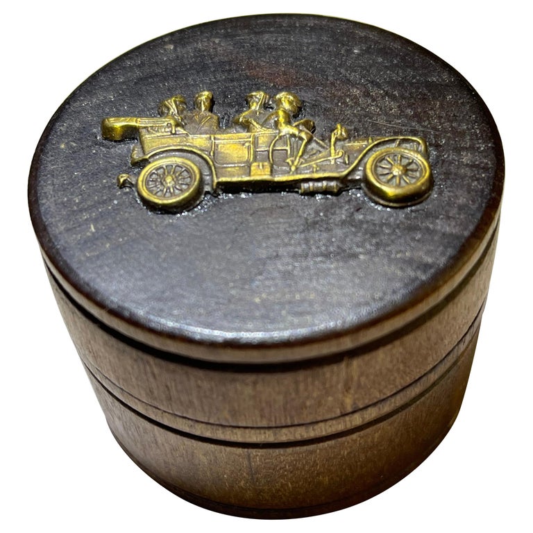 Antique Bent Wood Snuff Box w Brass Car on Lid, Automotive Interest For ...