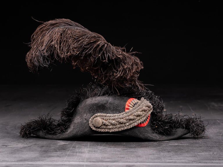 Antique Bicorne Hat with French Badge, Ostrich Feather and Redlining at ...