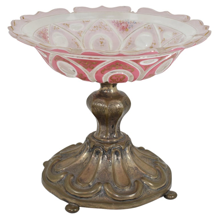 Antique Biedermeier Overlay Enameled Glass Tazza Bowl, 19th Century For ...