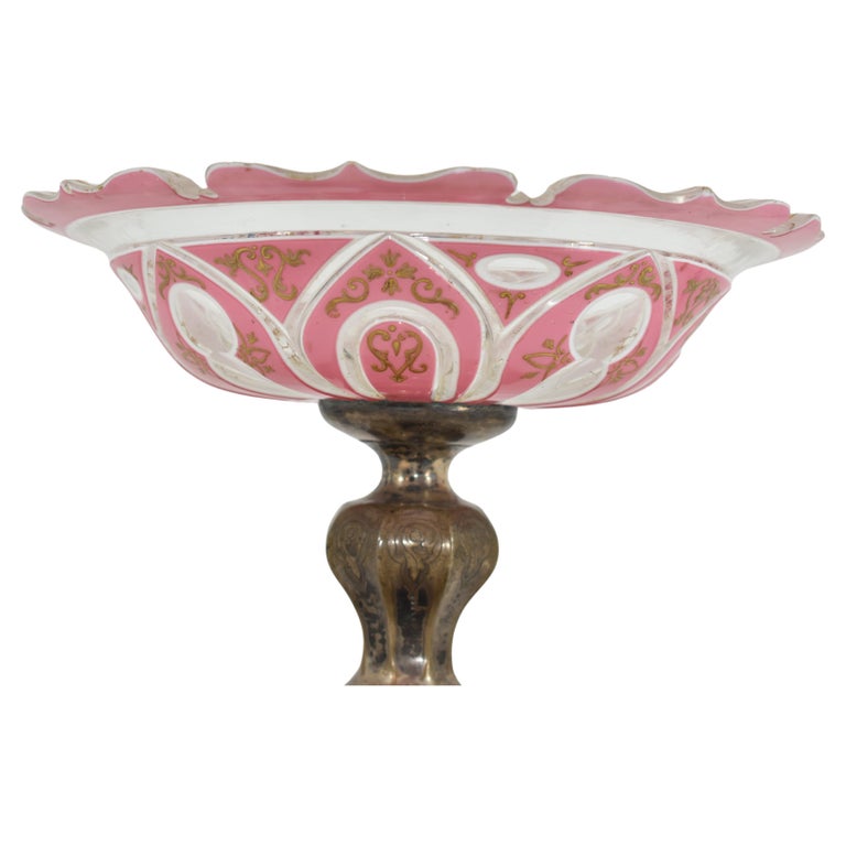 Antique Biedermeier Overlay Enameled Glass Tazza Bowl, 19th Century For ...