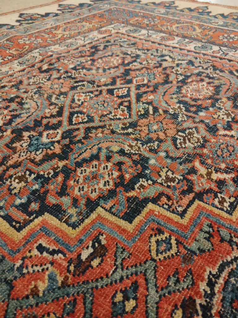 Antique Bijar Carpet Oriental Rug, Handmade, Ivory, Rust, Light Blue ...