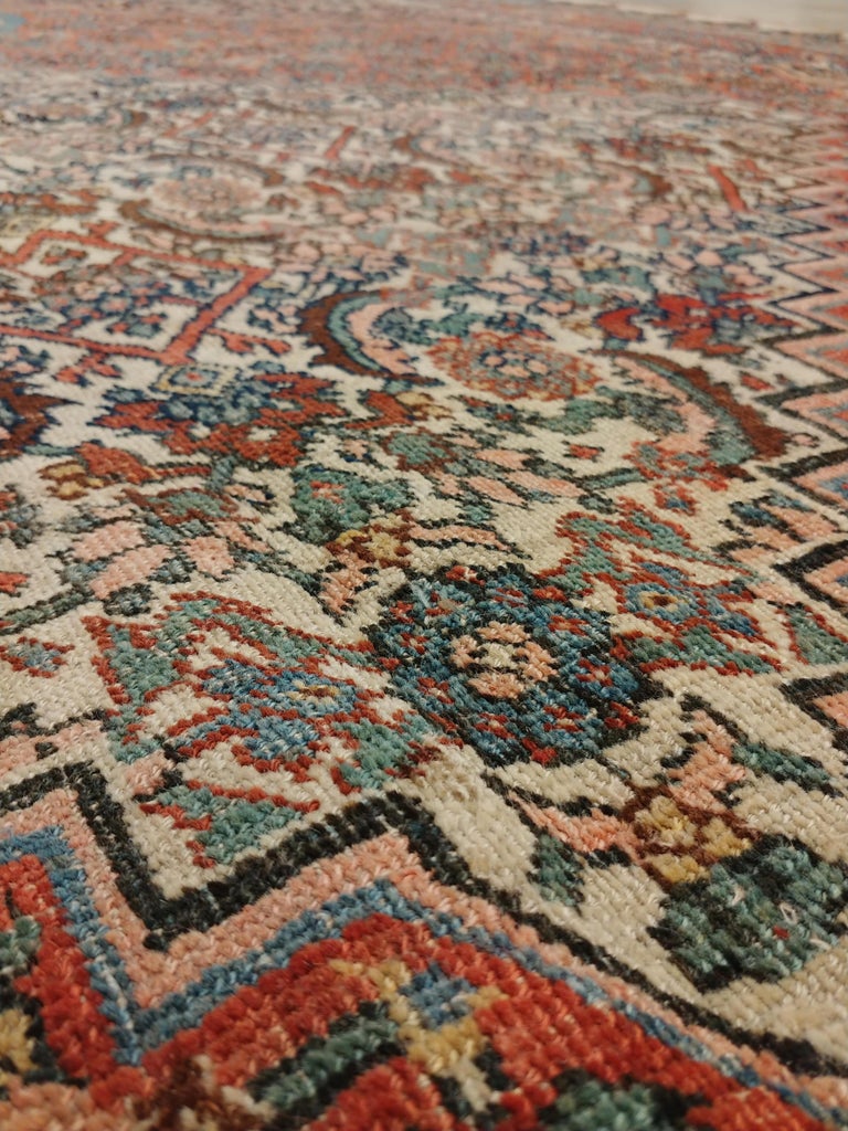 Antique Bijar Carpet Oriental Rug, Handmade, Ivory, Rust, Light Blue ...