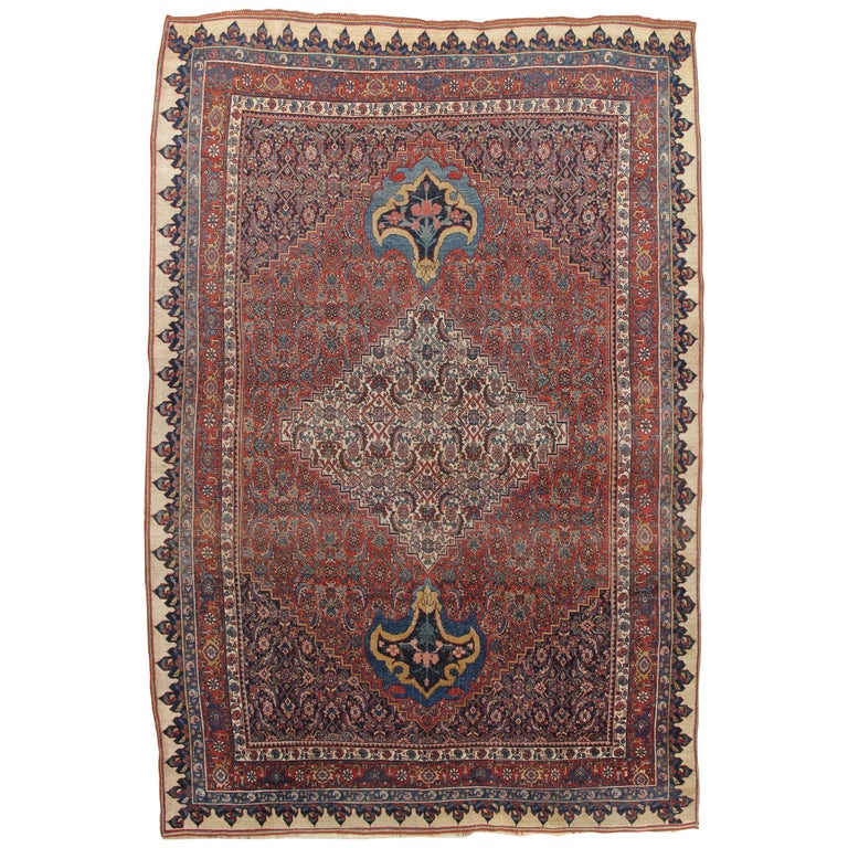 Antique Bijar Carpet Oriental Rug, Handmade, Ivory, Rust, Light Blue ...