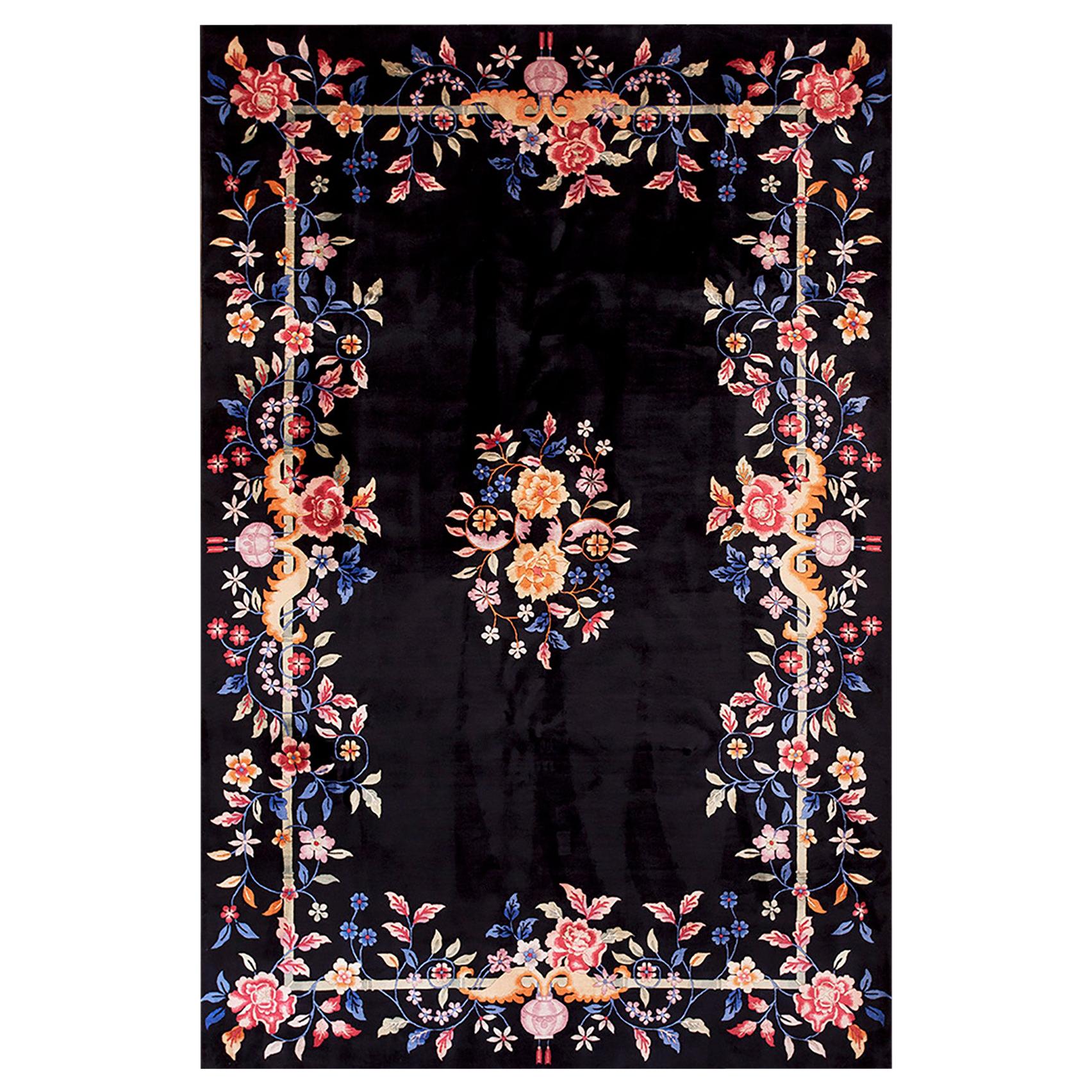 Art Deco Chinese Rug with Black Background and Flower Bouquet in Pastel ...