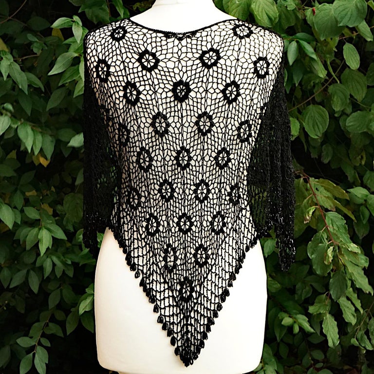 Antique Black Crochet Cape with Black Beaded Edging and Beaded Tassels ...