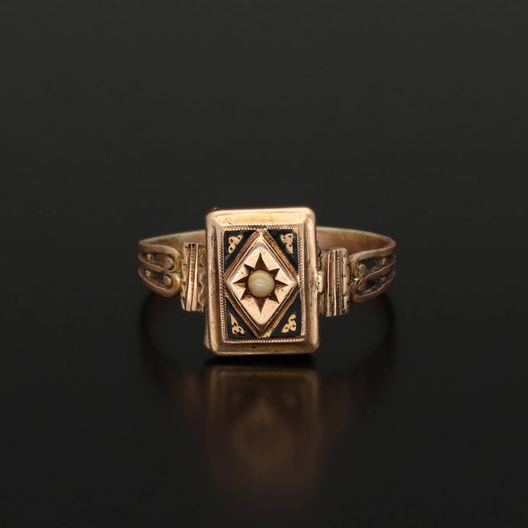 Antique Black Enamel and Pearl Gold Poison Ring, Antique Secret ...
