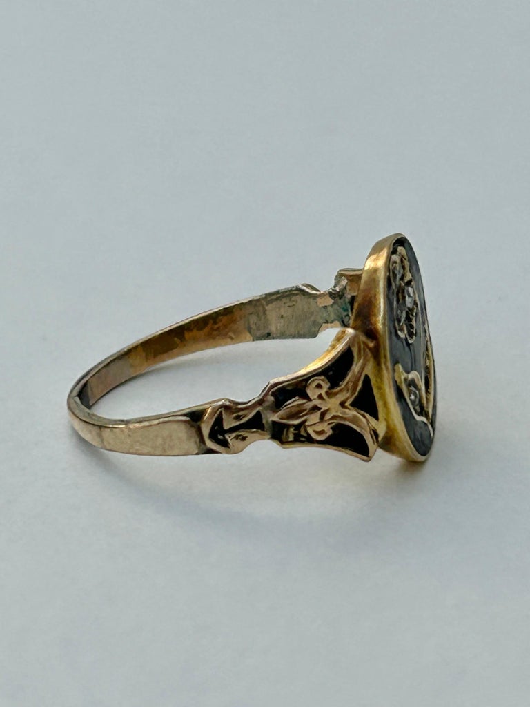 Antique Black Enamel Rose Cut Diamond Forget Me Not Ring in Gold For ...