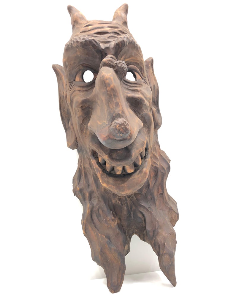 Antique Black Forest Folk Art Devil Krampus Halloween Mask Wood Carved ...