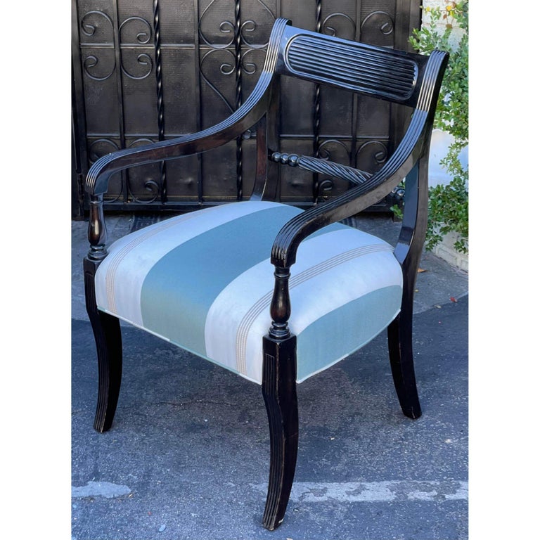 Antique Black Lacquer Regency Style Arm Chair with Blue Stripe, 1910s ...
