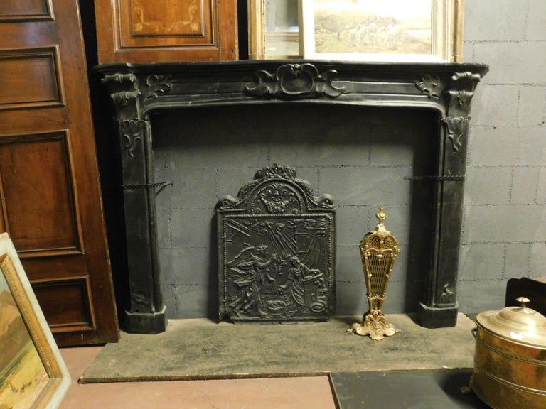 Antique Black Slate Fireplace Mantel, Italy 1800 Carved Cartouche at ...
